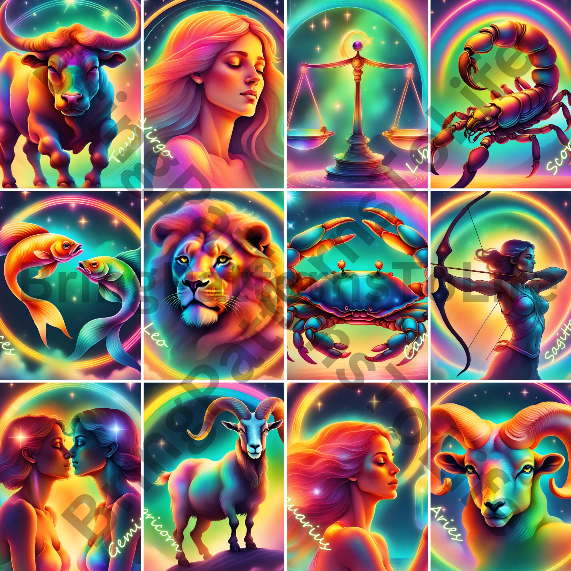 12 Zodiac Sign Designs Tumbler Wrap Bundle, Rainbow Neon Zodiac Signs ...
