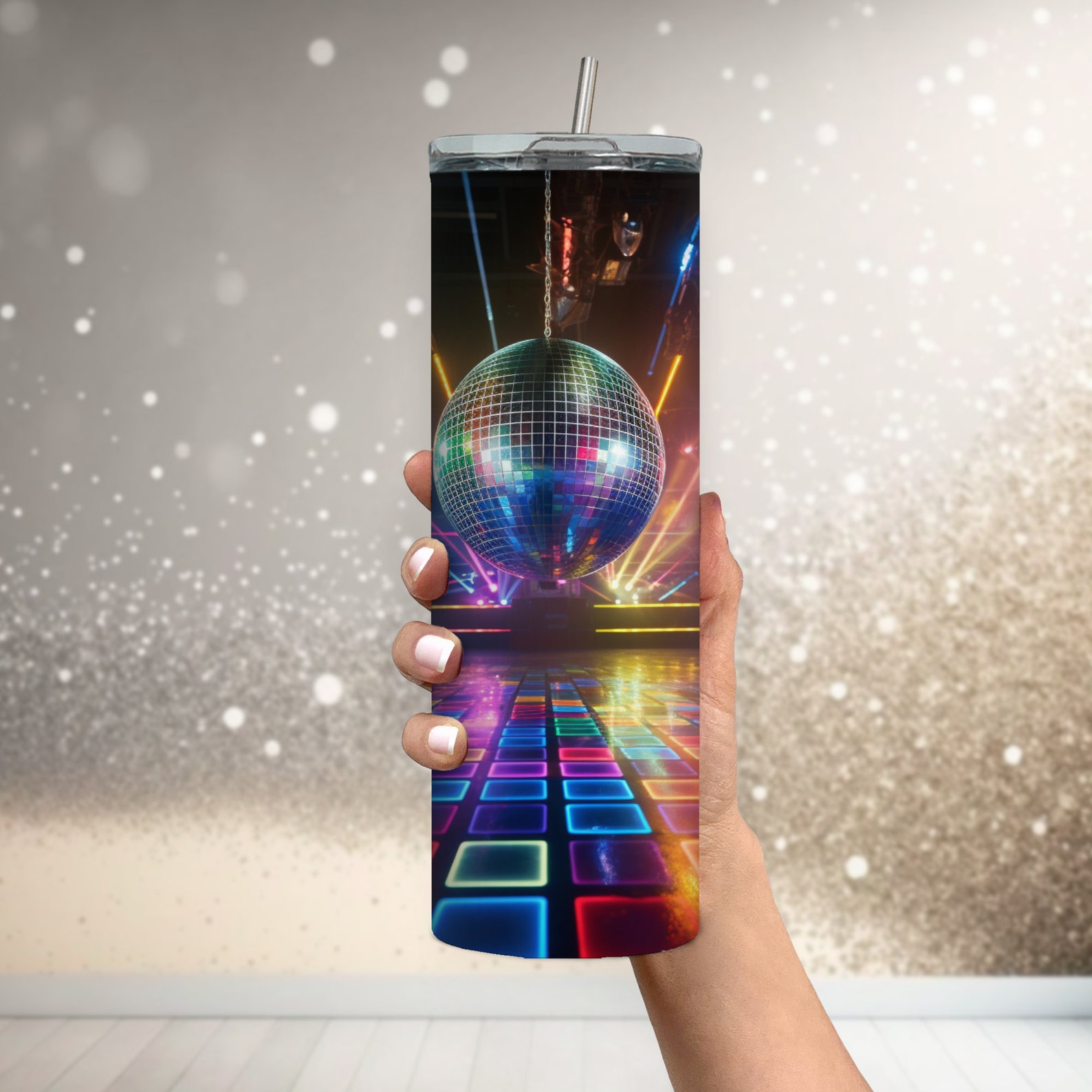 Nostalgic Disco Hall, Disco Ball & Dance Floor, 20oz Skinny Tumbler ...