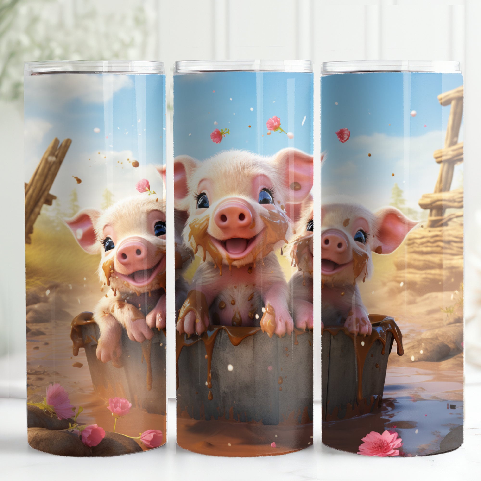 Cute 3D Baby Pigs Playing in the Mud on a Farm, 20oz Skinny Tumbler ...