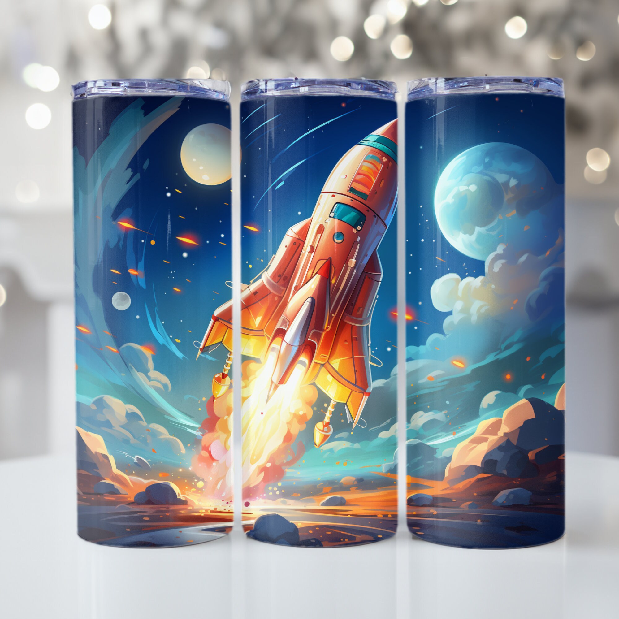 Cartoon Space Rocket Taking off From Another Planet, 20oz Skinny ...
