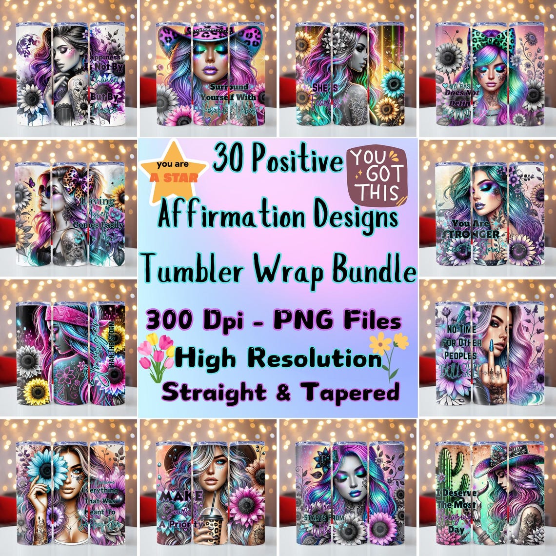 30 Positive Affirmations Tumbler Wrap Bundle, 20oz Skinny Tumbler Wrap ...
