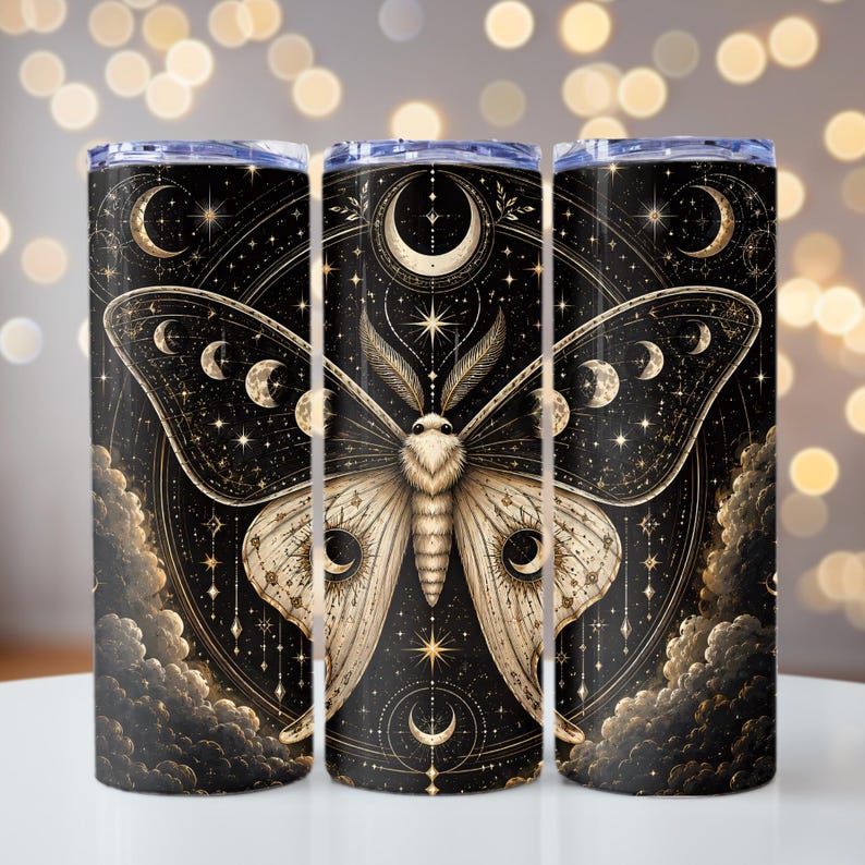 Celestial Moon Phases Moth Tumbler Wrap, Moon & Stars Moth Png ...