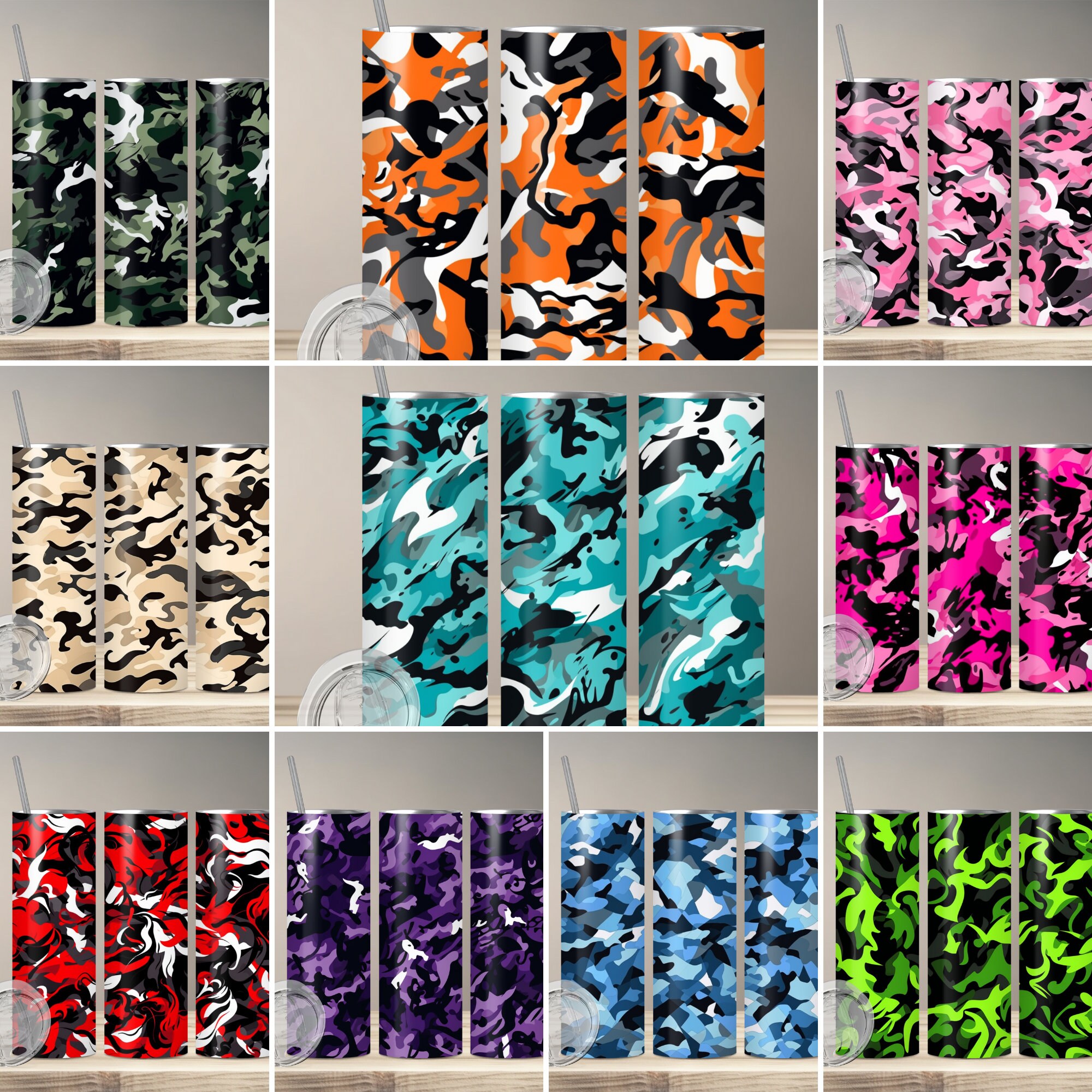 10 Assorted Camouflage Tumbler Wrap Bundle, 20oz Skinny Tumbler Wraps ...