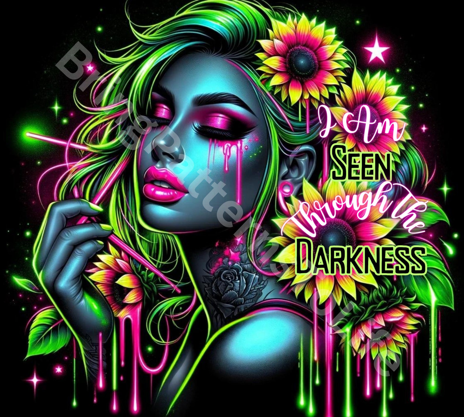 Positive Affirmation PNG, Neon Woman & Sunflowers, Tattooed Girl PNG ...