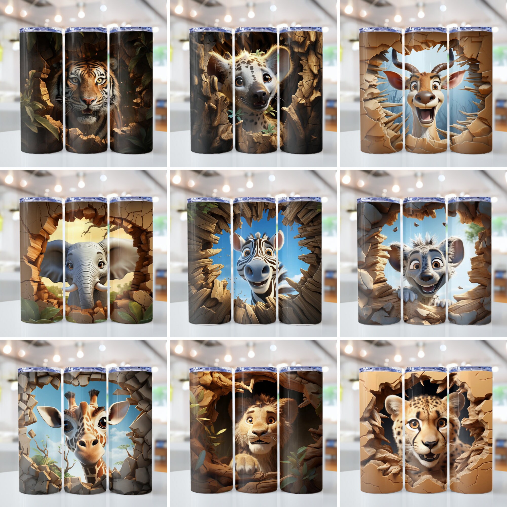 40 3D Hole in the Wall African Safari Animals Tumbler Wrap Bundle, 20oz ...