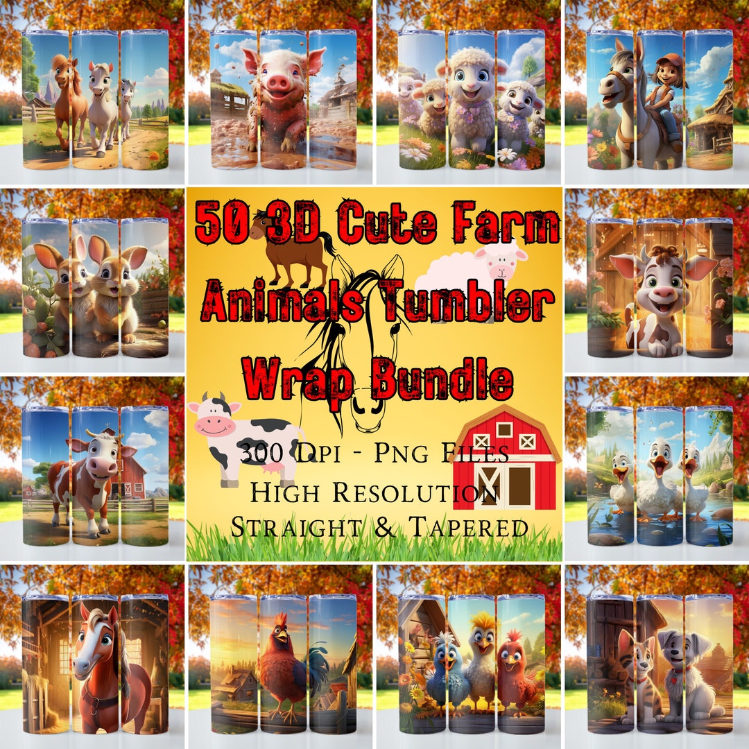 50 3D Cute Farm Animals Tumbler Wrap Bundle, 20oz Skinny Tumbler Wrap ...