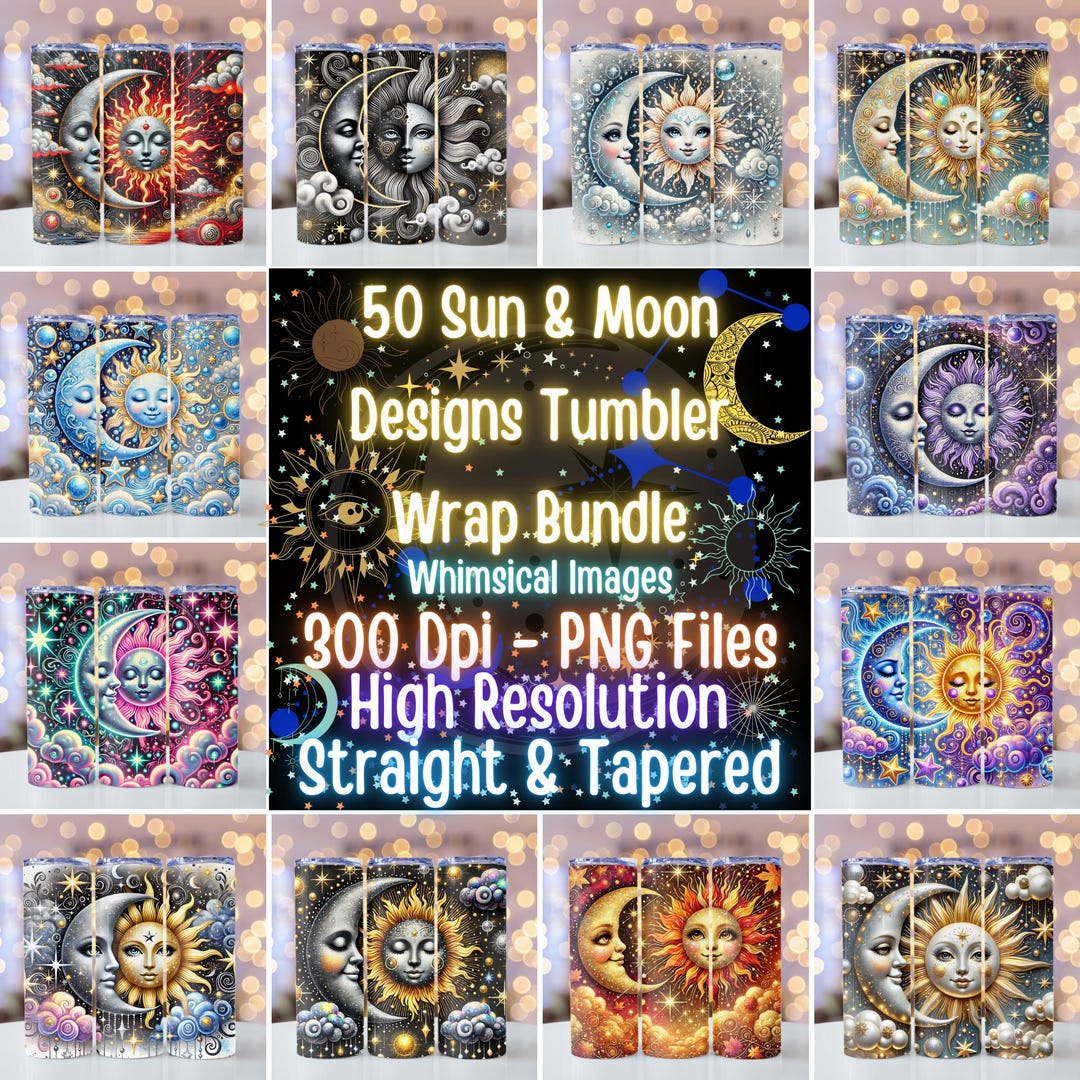 50 Sun & Moon Designs Tumbler Wrap Bundle, Whimsical Sun and Moon PNG ...