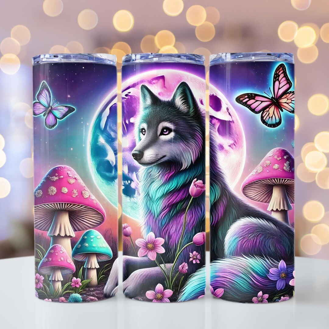 Colorful Wolf Full Moon Mushrooms Png, Fantasy Wolf Tumbler Wrap, Wolf ...