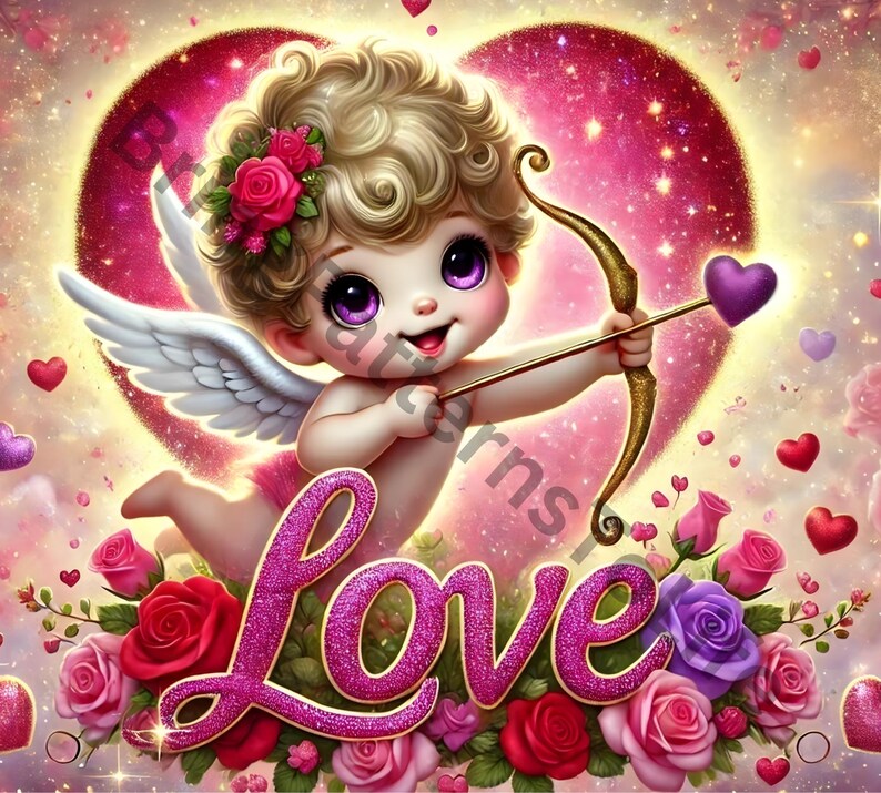 Cupid Hearts Love Tumbler Wrap, Valentines PNG, Cupid PNG, Roses Cupid ...