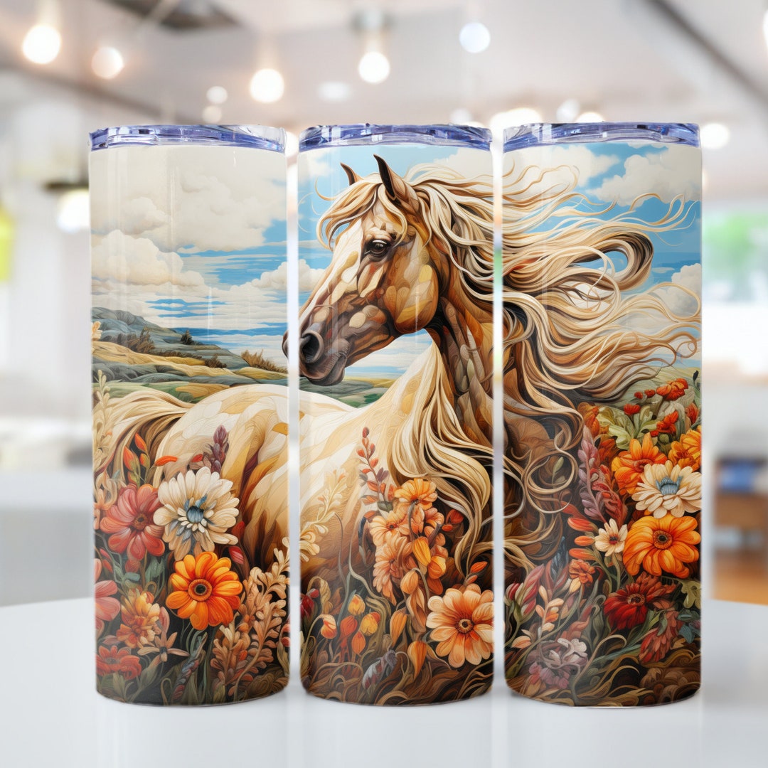 Embroidered White Horse With Long Flowing Mane, 20oz Skinny Tumbler ...