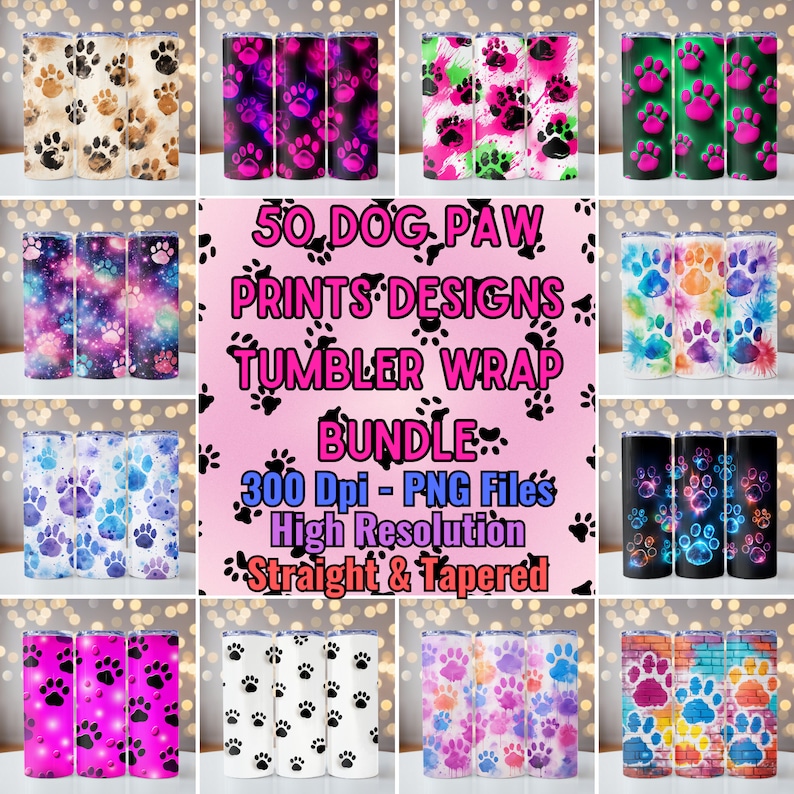 50 Dog Paw Prints Designs Tumbler Wrap Bundle, 20oz Skinny Tumbler Wrap ...