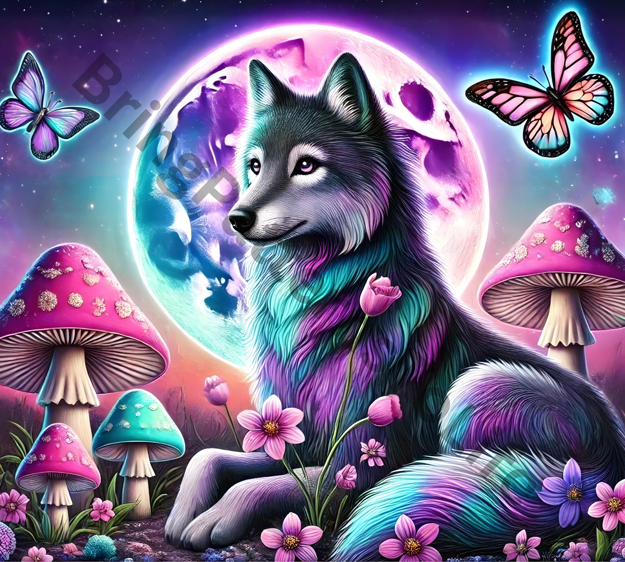 Colorful Wolf Full Moon Mushrooms Png, Fantasy Wolf Tumbler Wrap, Wolf ...