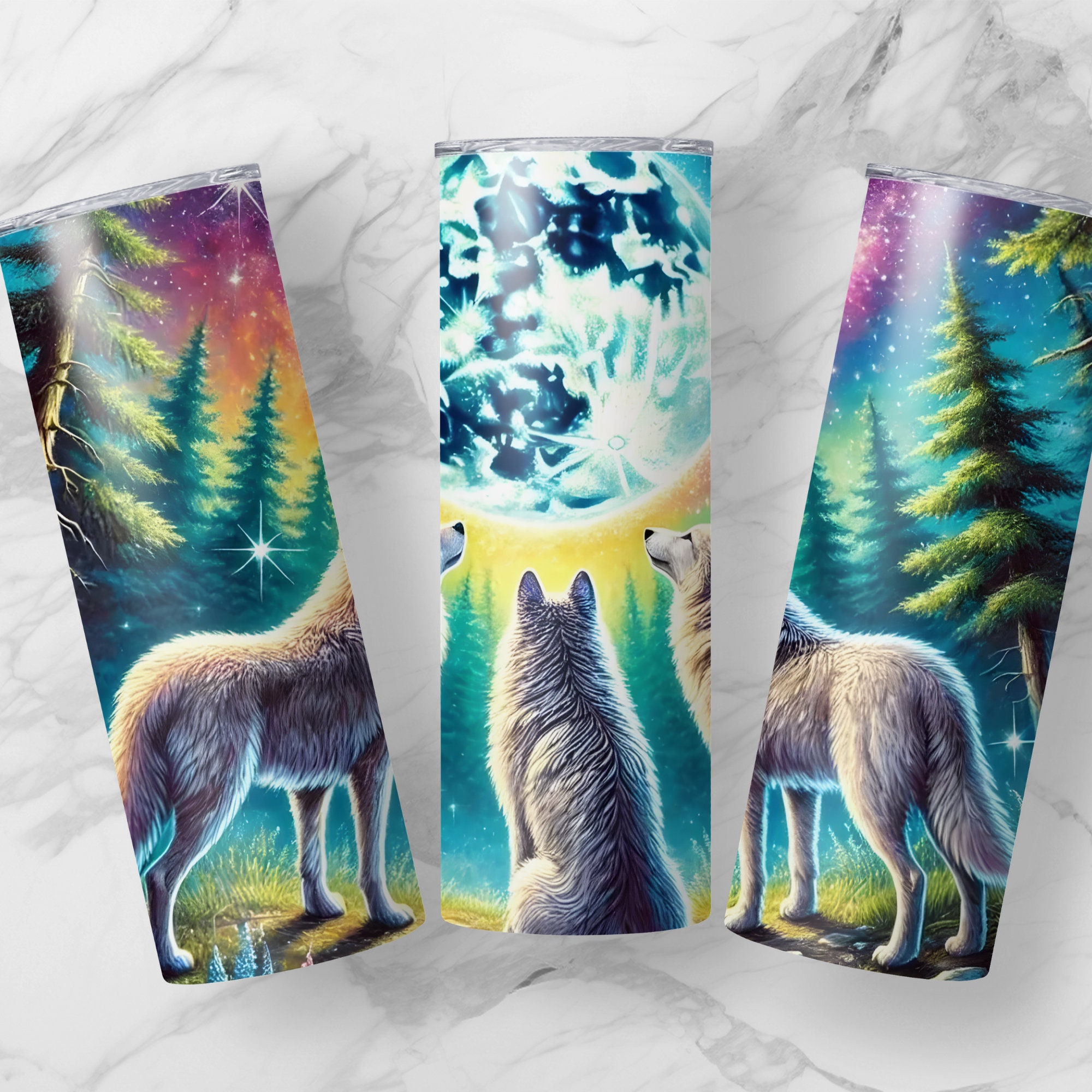 Three White Wolves Full Moon, Wolves Celestial Sky PNG, Wolves Tumbler ...