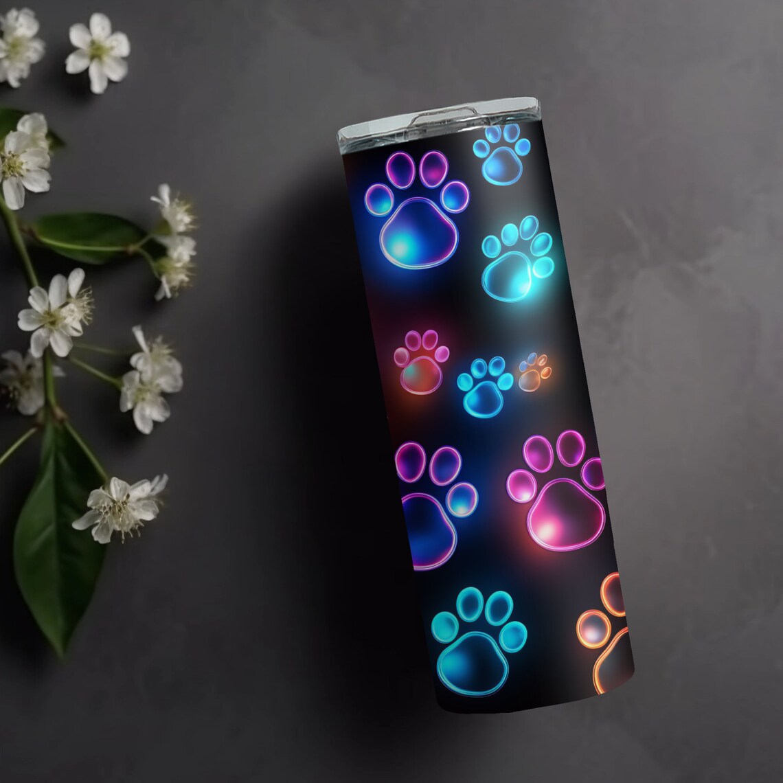 Neon Dog Paw Prints, Dog Footprints, Colorful Paw Prints, 20oz Skinny ...