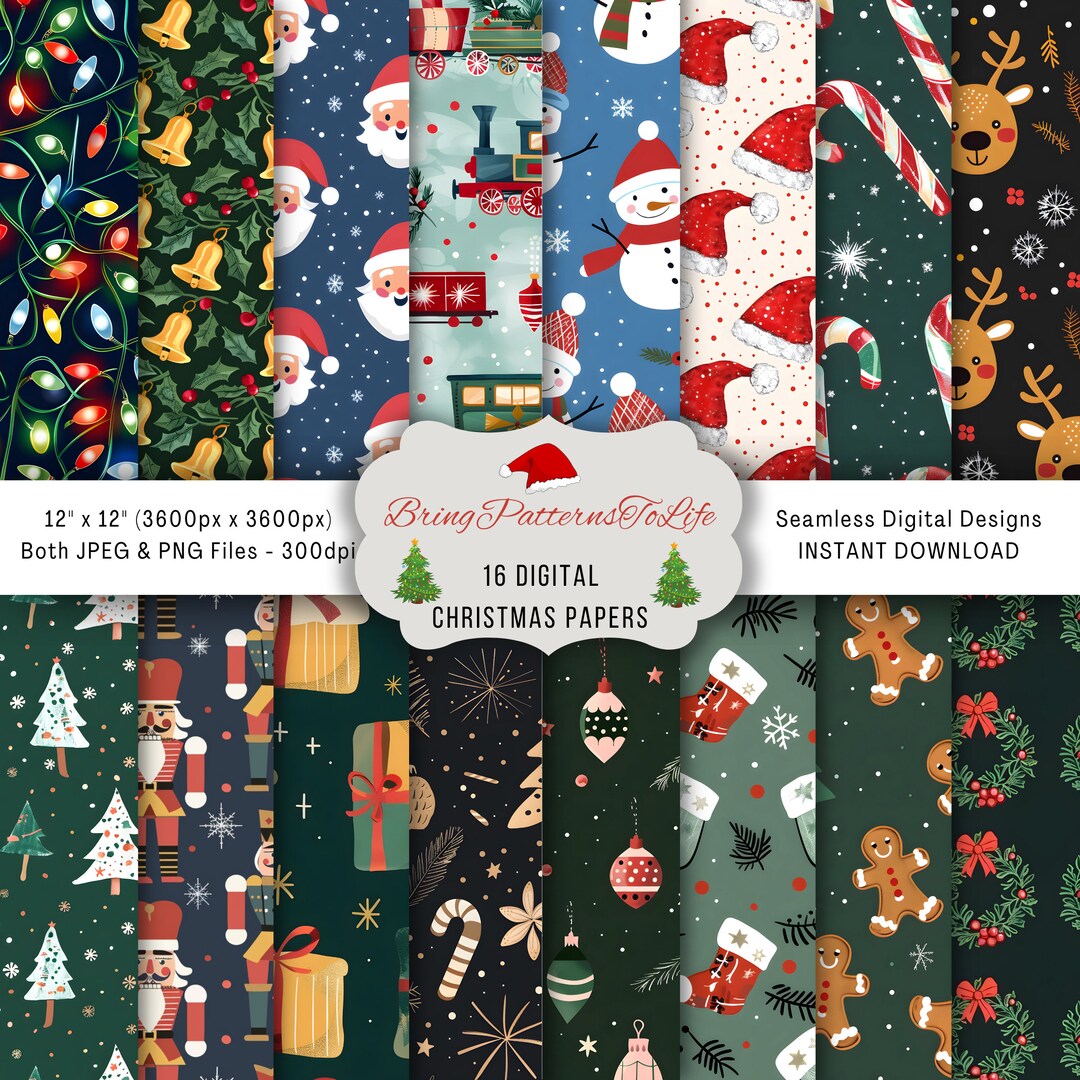 16 Christmas Digital Papers, Seamless Christmas Patterns, Xmas ...