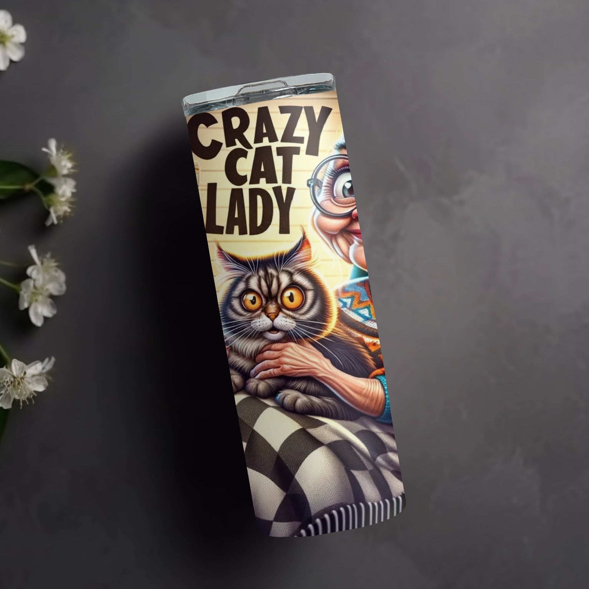 Crazy Cat Lady PNG, Cartoon Old Lady and Funny Cat, 20oz Skinny Tumbler ...