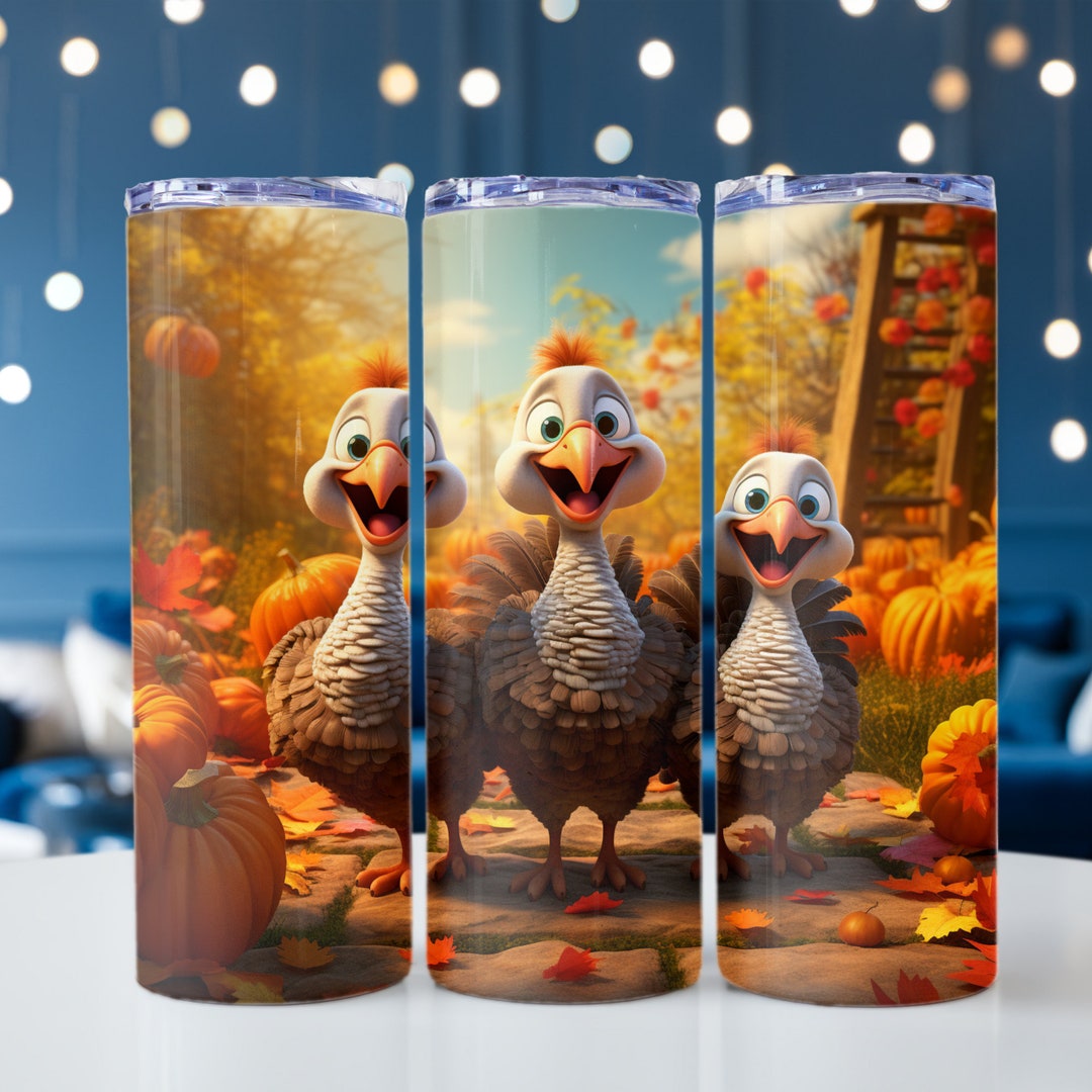 3D Autumn Cute Turkeys Around Pumpkins and Leaves, 20oz Skinny Tumbler ...