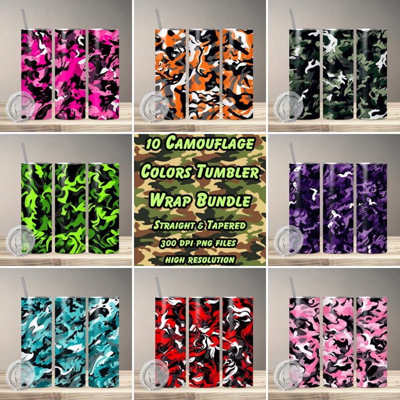 10 Assorted Camouflage Tumbler Wrap Bundle, 20oz Skinny Tumbler Wraps ...
