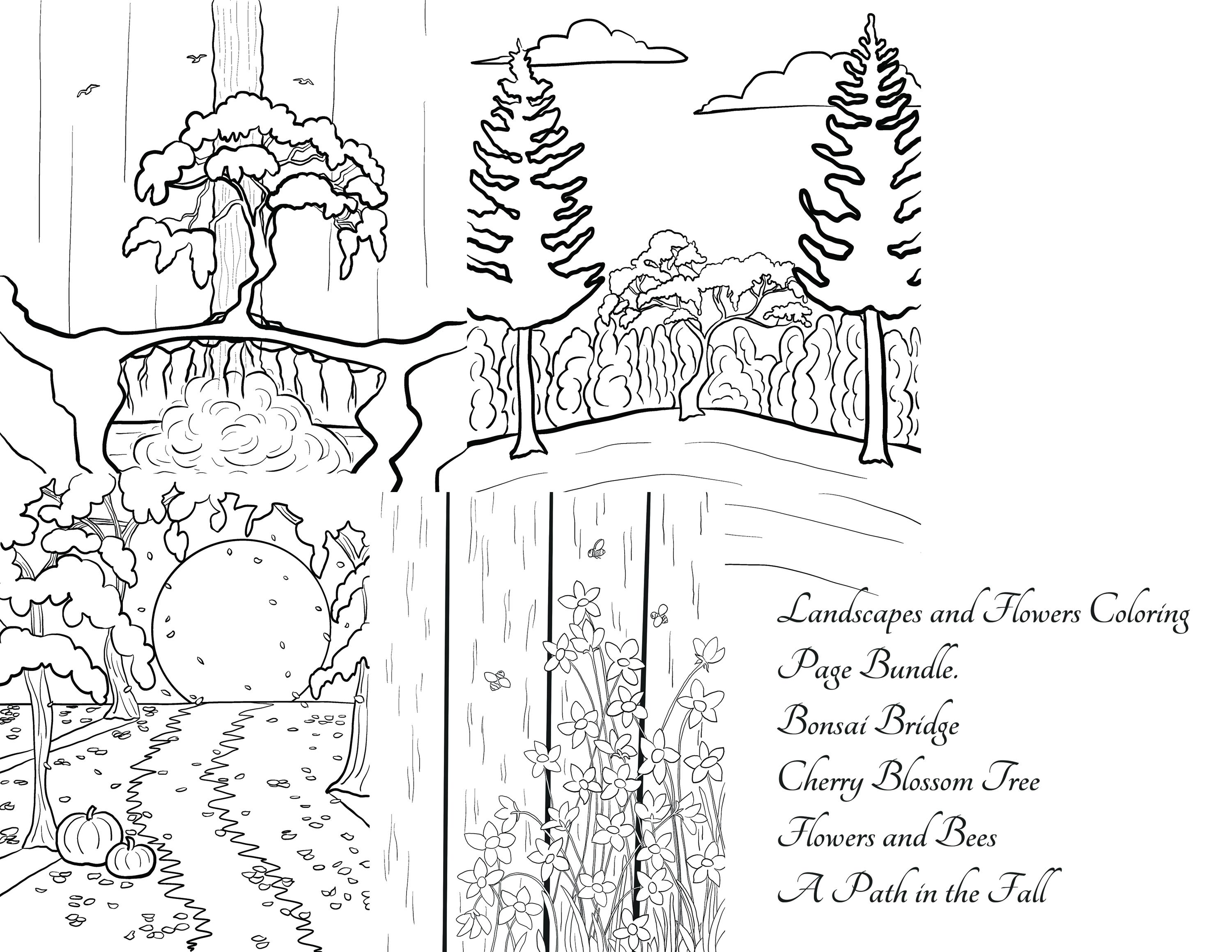 Printable Landscape & Flowers Coloring Page Bundle, Instant Download ...