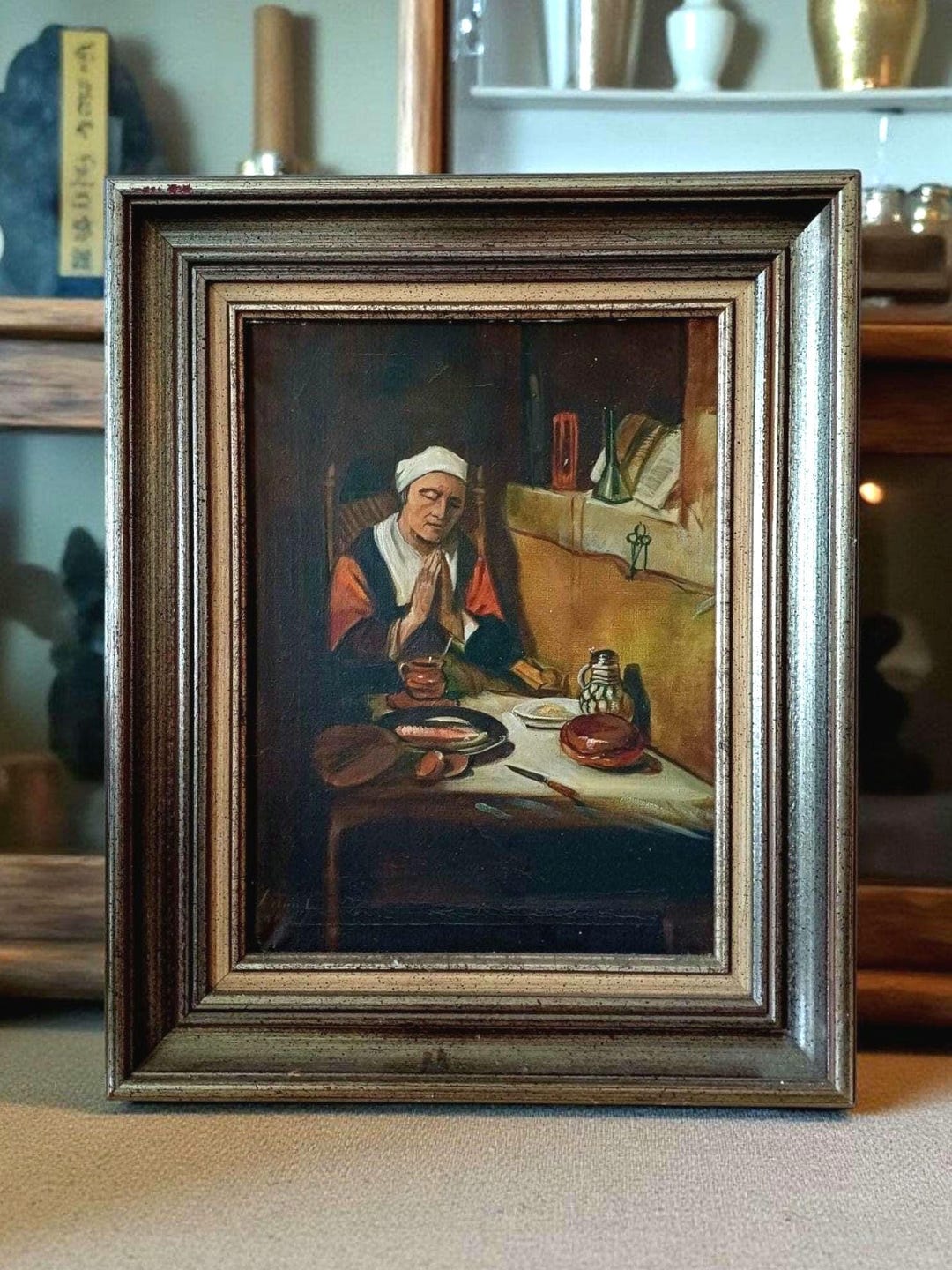 Vintage Framed Oil Painting: "old Woman Saying Grace" Rustic Dutch Art ...