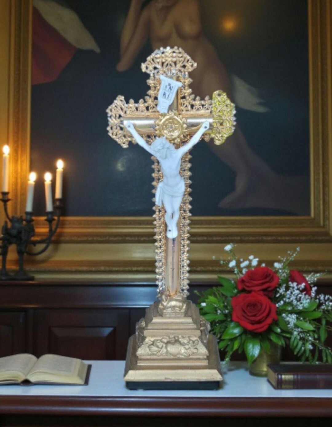 Vintage Baroque Gold & White Crucifix | Ornate Catholic Altar Cross ...