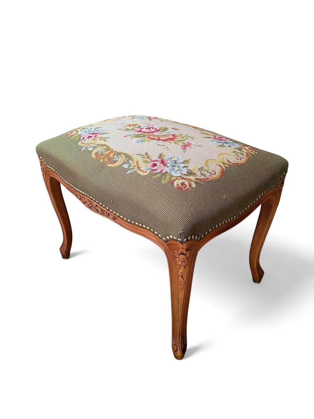 French Louis XV Ottoman Footstool Gobelin Stitched Flower Decor Top ...