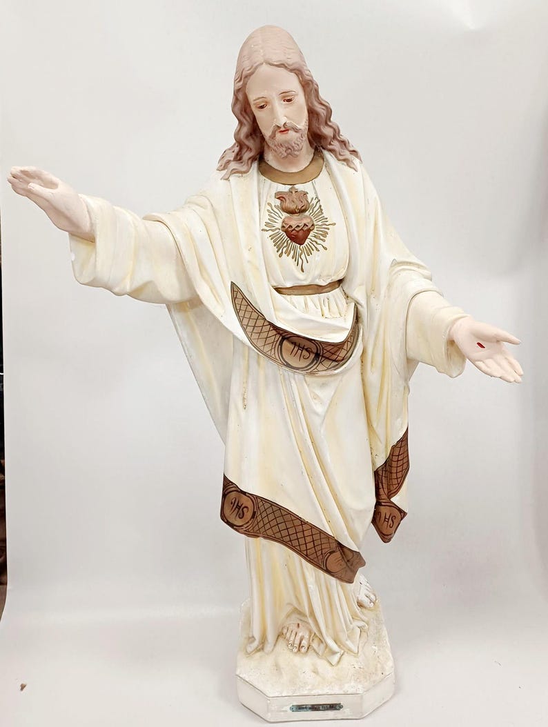 Antique Tall Sacred Heart Jesus Statue 87 Cm : Hand-painted Catholic ...