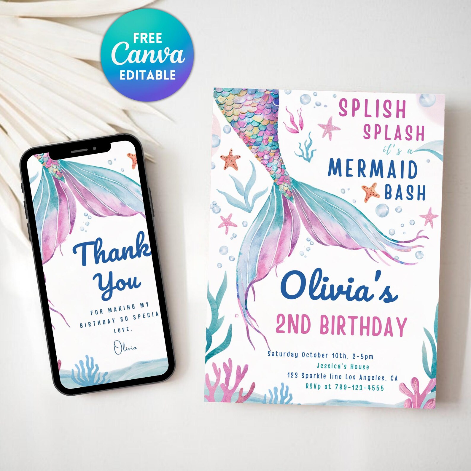 Editable Mermaid Birthday Invitation, Mermaid Invite, Under the Sea ...