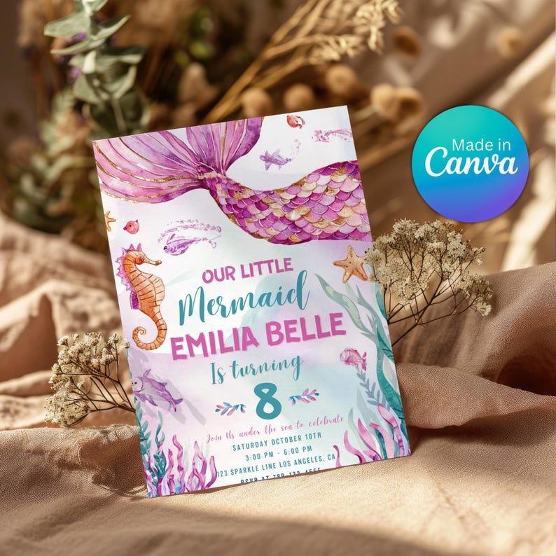 Girls Mermaid Sea Theme, Party Digital Invitation Template, Mobile ...