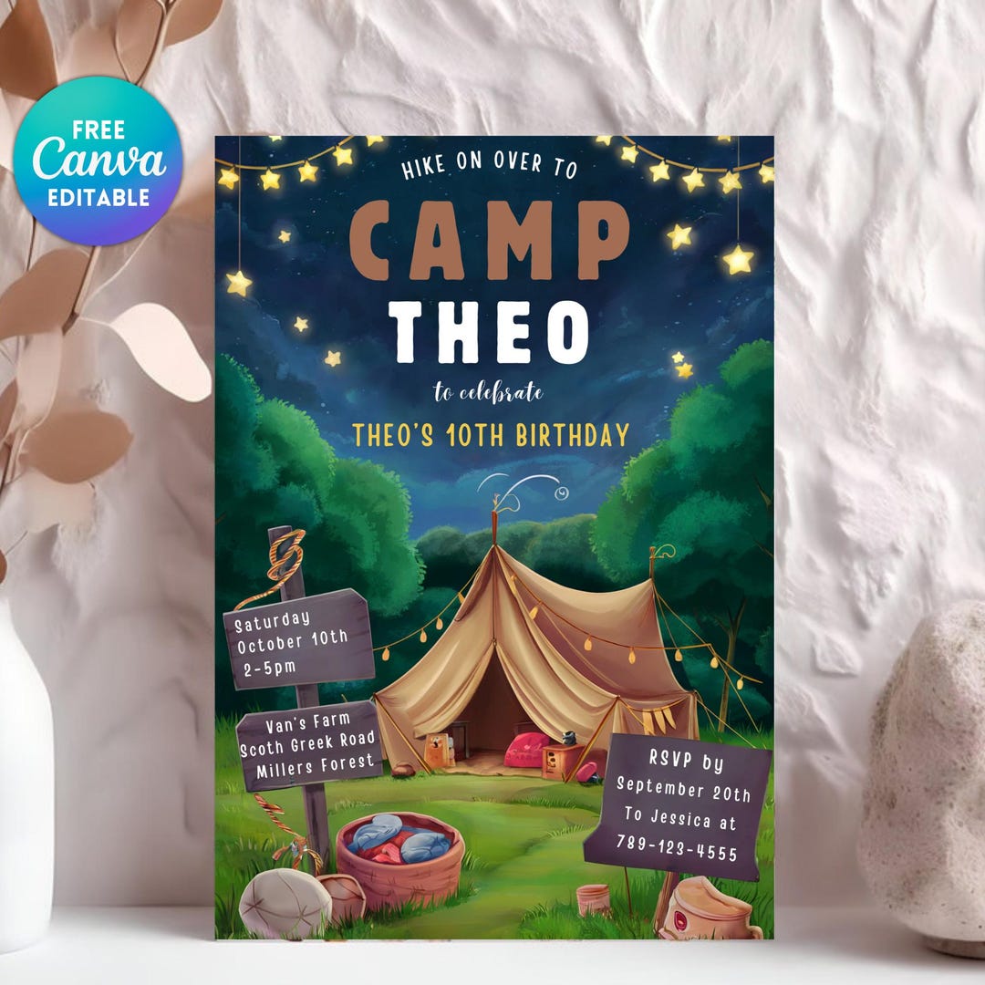 Camping Birthday Invitation Template, Camping Party Invitation, Camp ...