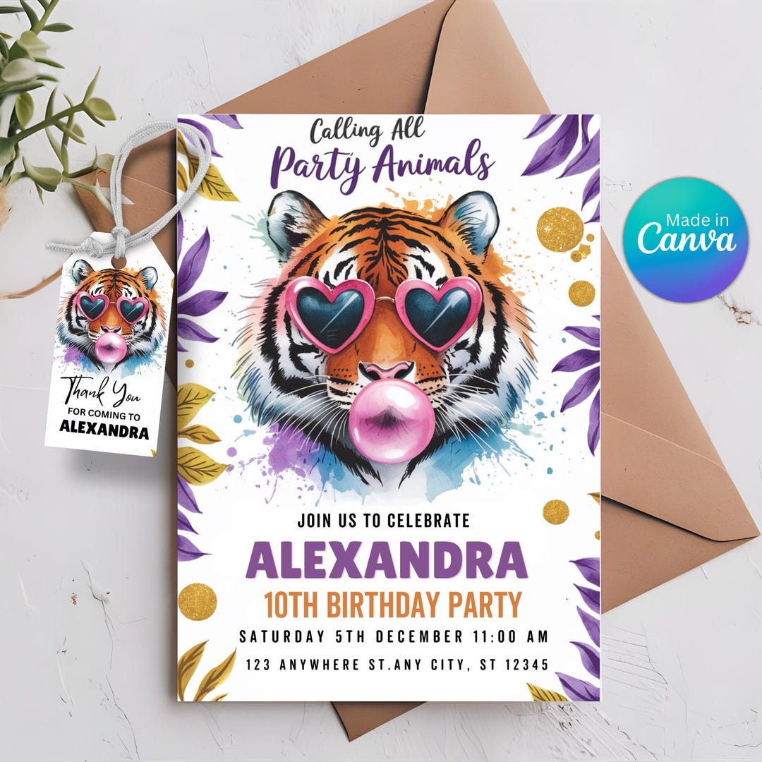 Party Animals Birthday Invitation, Tiger Jungle Theme, Safari Party ...