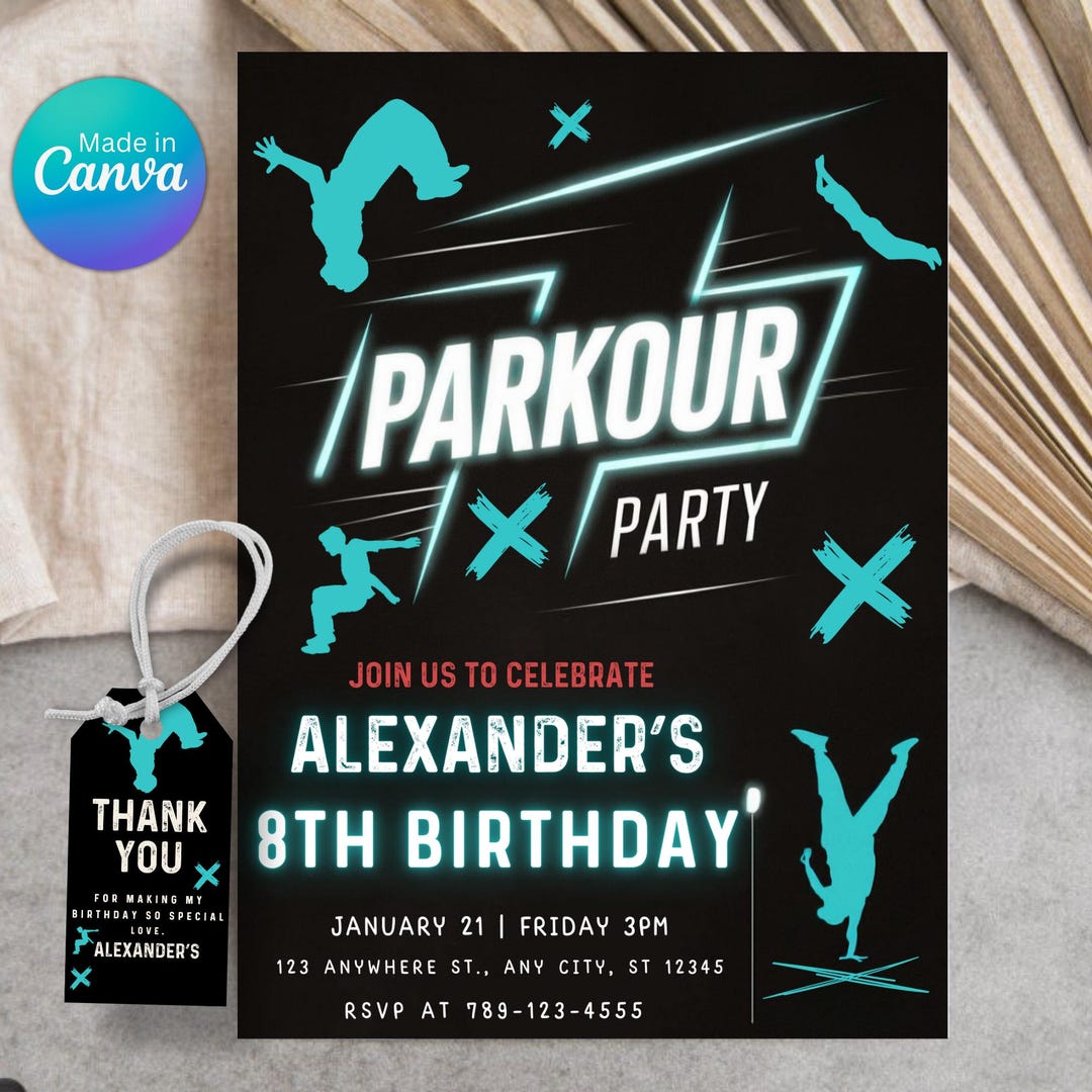 Parkour Party Invitation, Neon Glow Jump Birthday Invite, Boy Birthday ...
