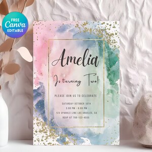 Rainbow Birthday Invitation Colorful Watercolor Gold Glitter Sprinkles ...
