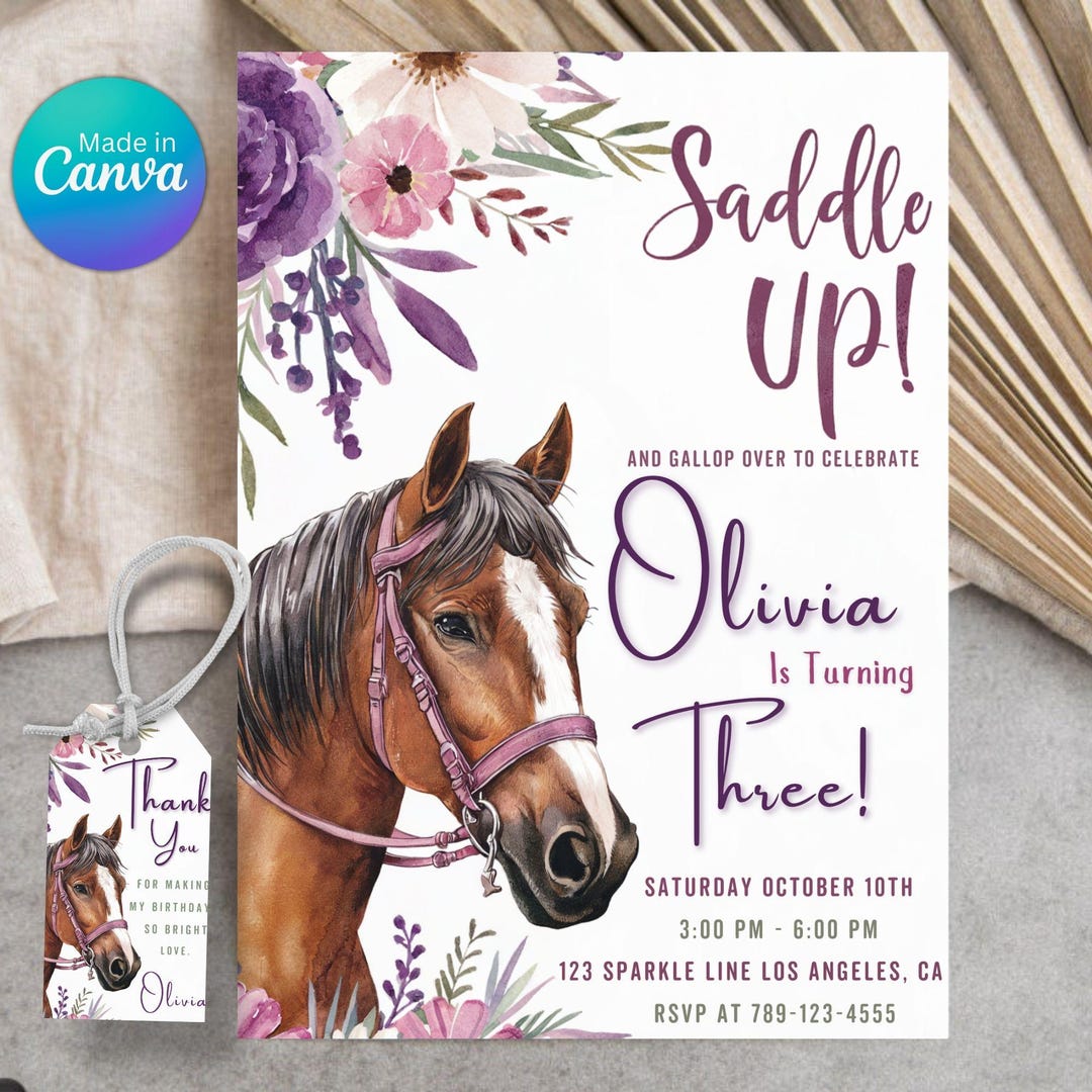 Editable Horse Birthday Party Invitation, Girl Birthday Invite, Purple ...