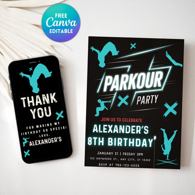 Parkour Party Invitation, Neon Glow Jump Birthday Invite, Boy Birthday ...