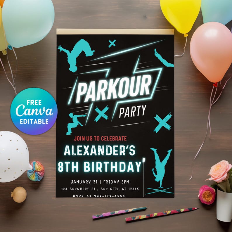 Parkour Party Invitation, Neon Glow Jump Birthday Invite, Boy Birthday ...