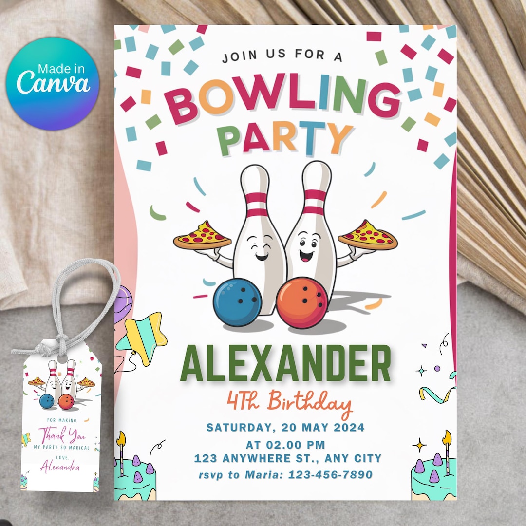 Bowling Party Birthday Invitation, Girls Party Invite Template, Fun ...