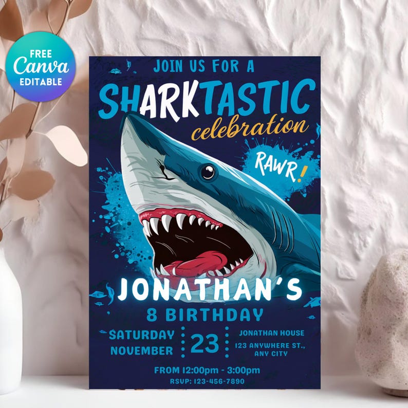 Shark Birthday Invitation, Editable Pool Party Invite, Sharktastic ...
