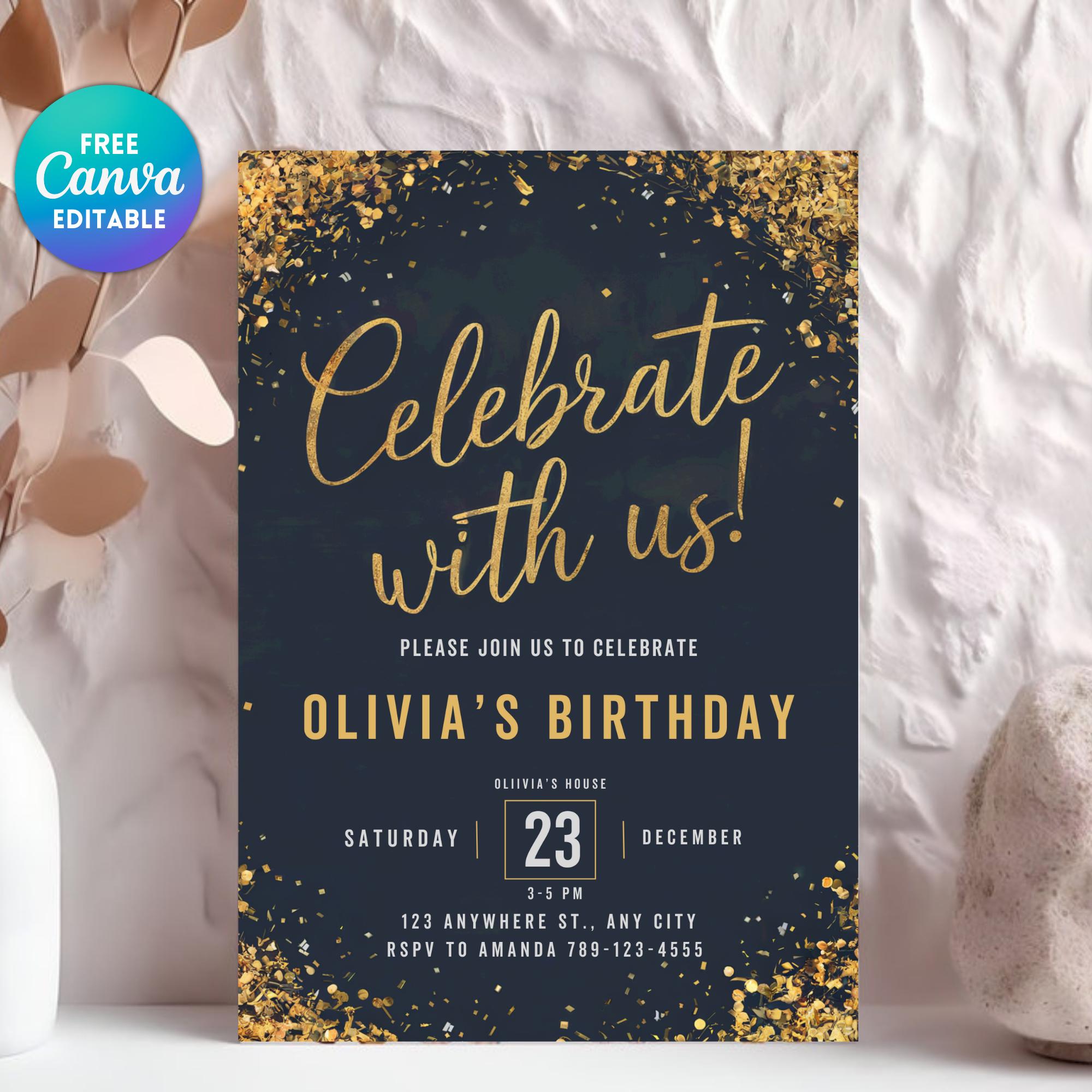 Simple Party Invite, Minimalist Birthday Invitation, Black Gold Adult ...