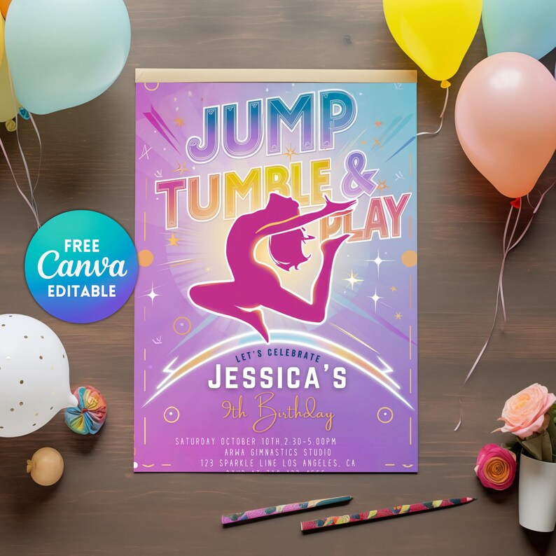 Editable Jump Tumble Play Gymnastic Neon Birthday Invitation, Jump ...