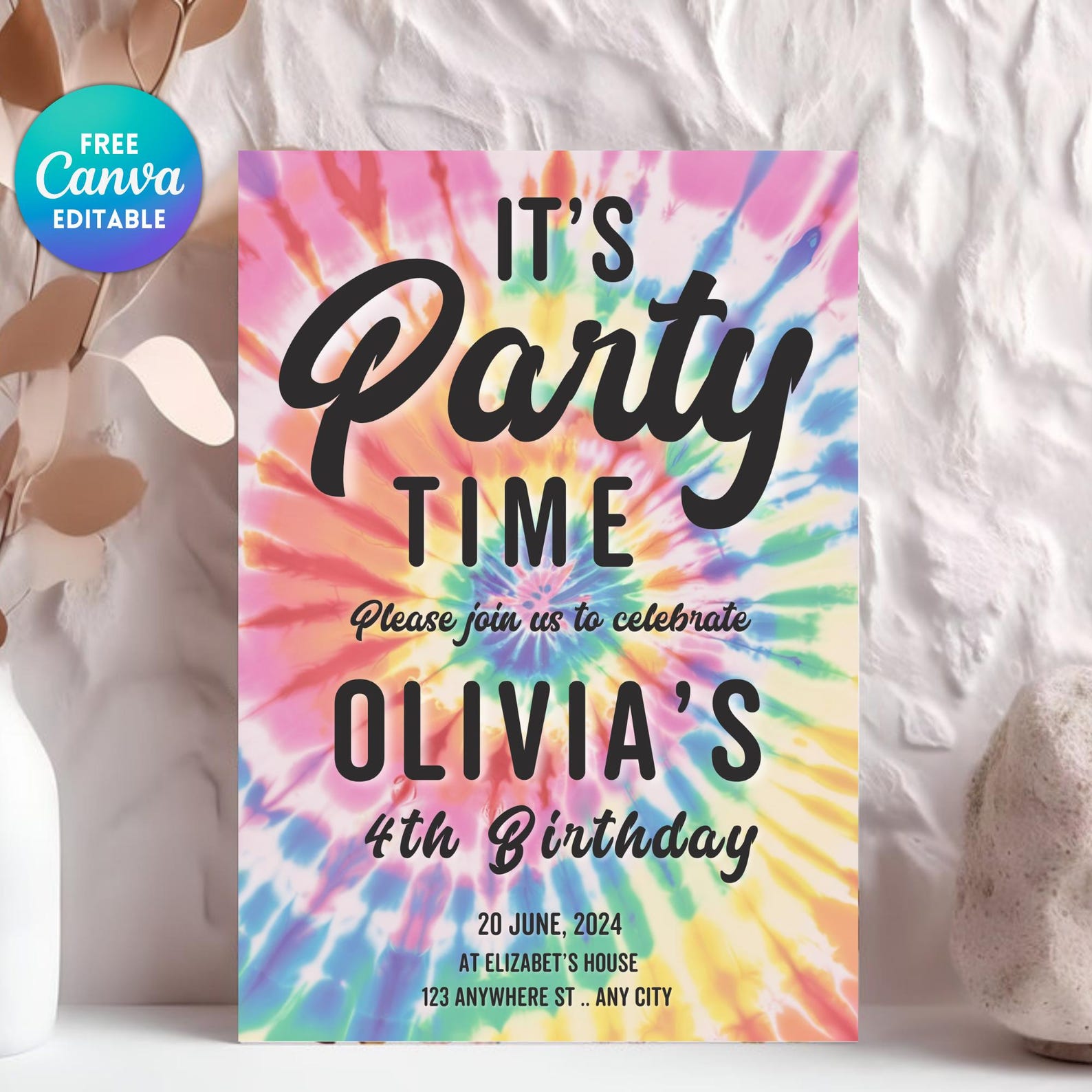 Tie Dye Birthday Invitation, Rainbow Tie Dye Birthday, Editable Tie Dye ...