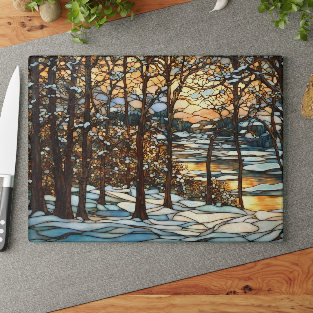Winter Landscape Stained Glass Style Glass Cutting Board V01 - Etsy