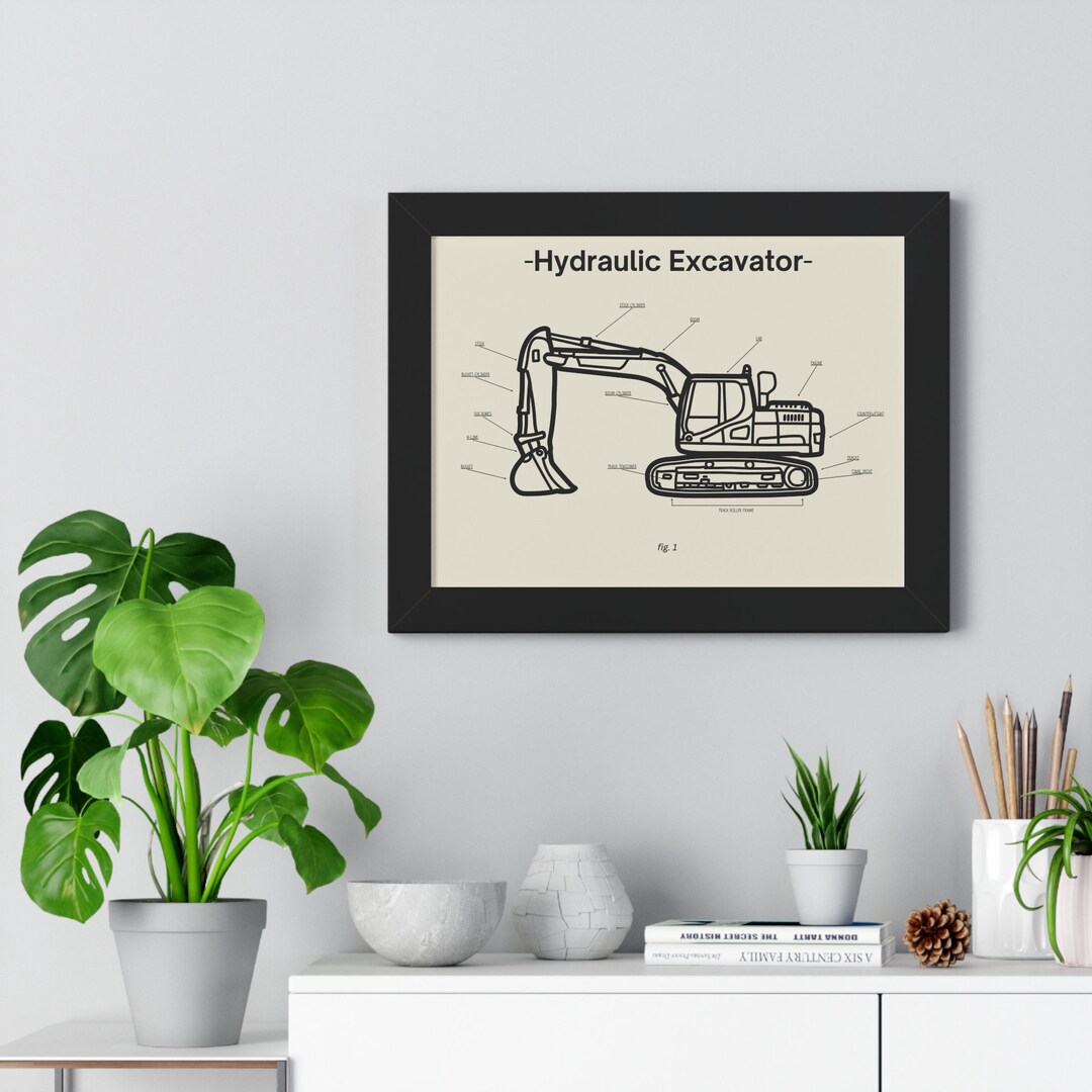 Framed Hydraulic Excavator Schematic Print Diagram, Office Nursery ...