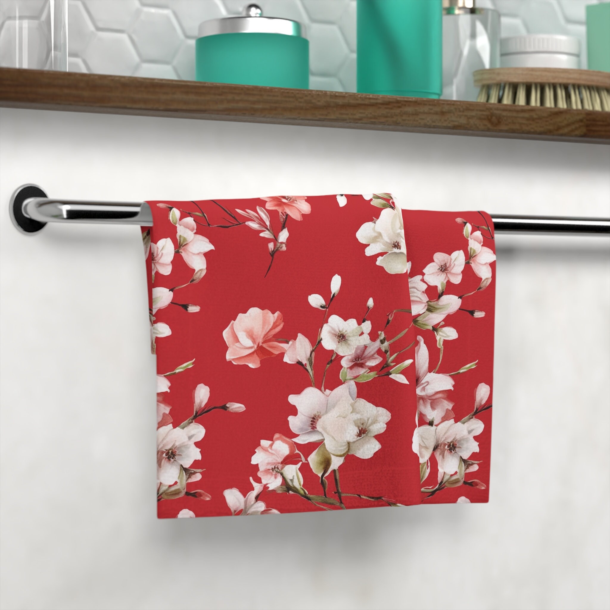 White Flowers on Red Face Towel Floral Bath Towel Hand Towel Washcloth ...