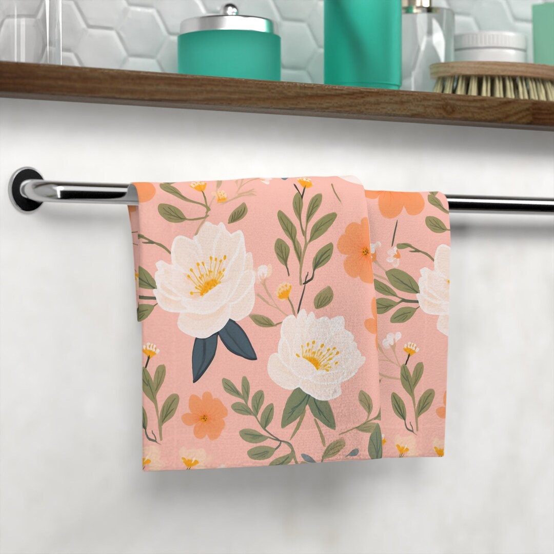 Peach Colored Flowers Face Towel Floral Bath Towel Hand Towel Washcloth ...