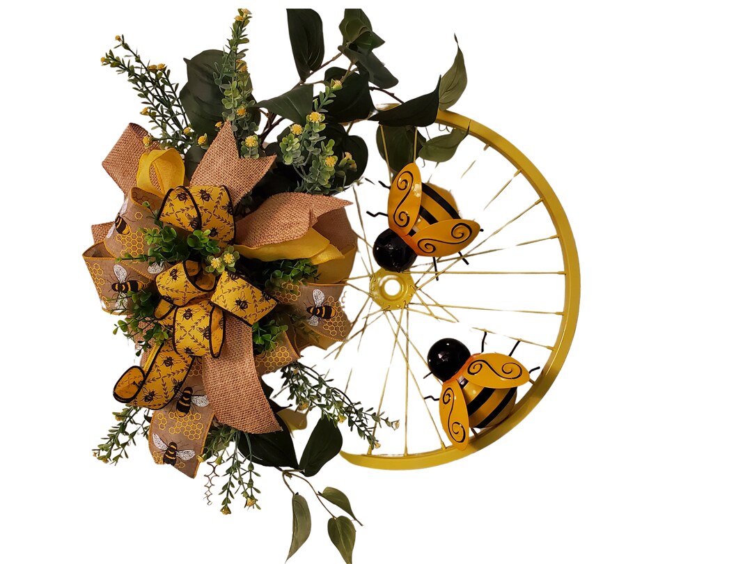 Handmade Bumblebee Bicycle Wheel Wreath Unique Spring and Summer Decor ...
