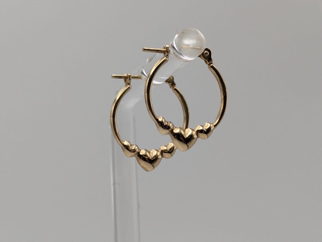 10k Yellow Gold Small Heart Hoop Hammered Round Earrings Dainty Gold ...