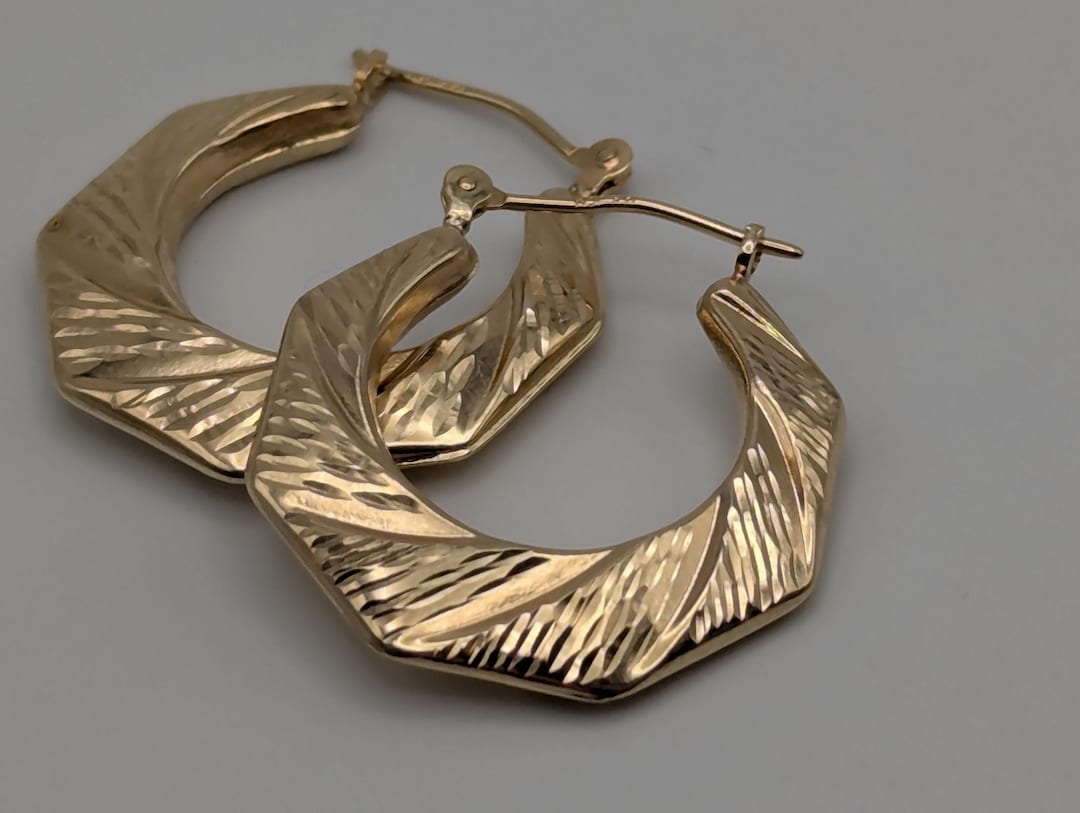 14k Yellow Gold Puff Hoop Earrings, Classic Shrimp Hoops - Etsy