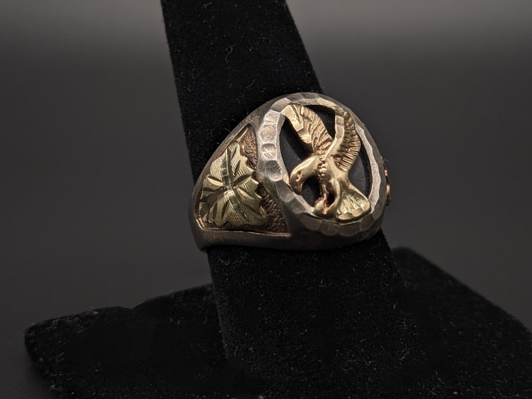 10k 12k Black Hills Gold Onyx Gold Flying Eagle Statement Ring. Sterling Silver Flying Eagle ...
