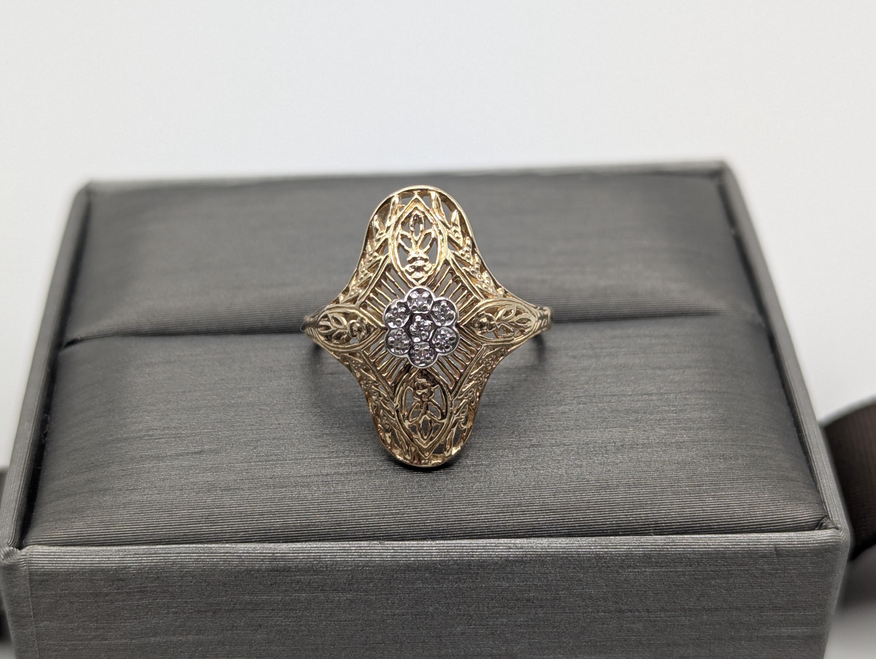 14k Yellow Gold Diamond Filigree Shield Ring Wedding Handmade Diamond ...